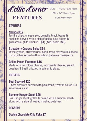 Menu – Celtic Corner